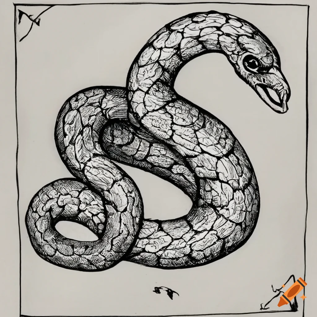Medieval drawing of a full-body snake in black and white on Craiyon