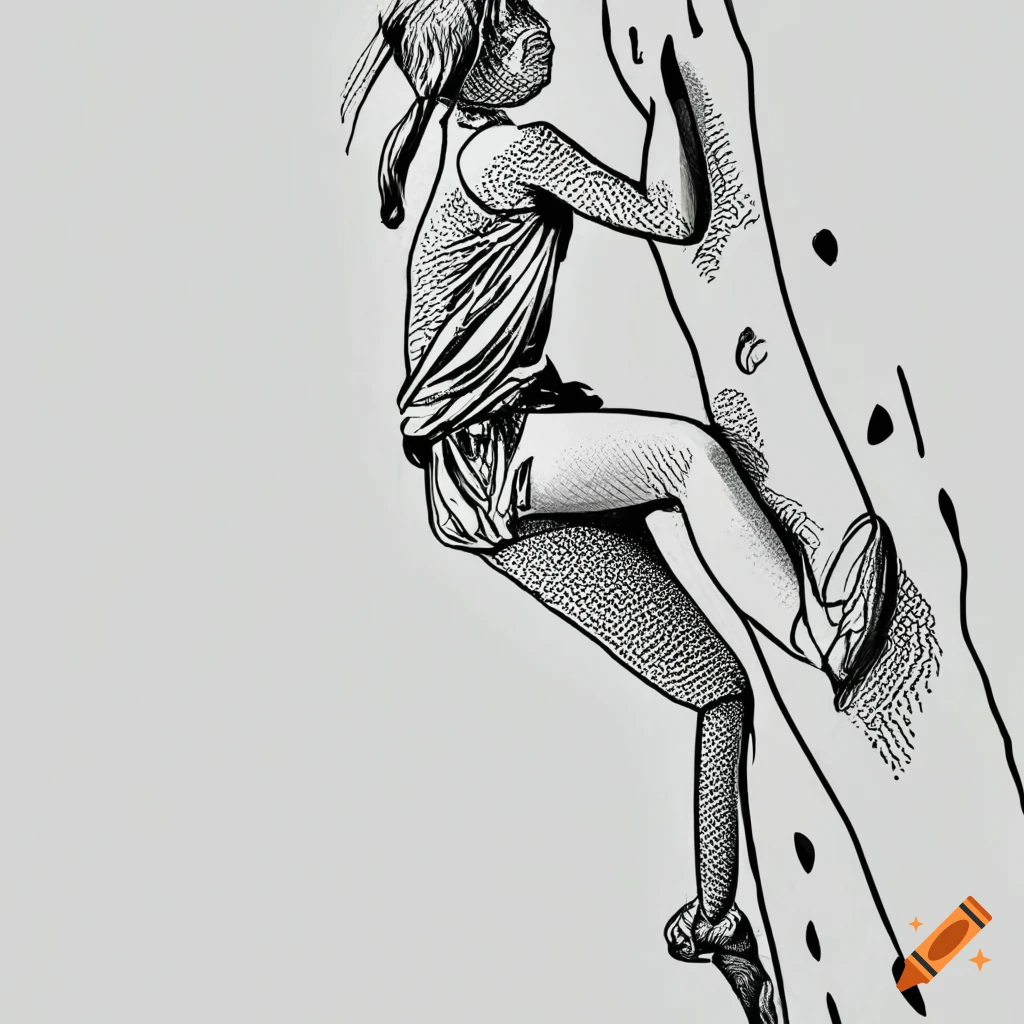 Line drawing of girl climbing boulders on Craiyon