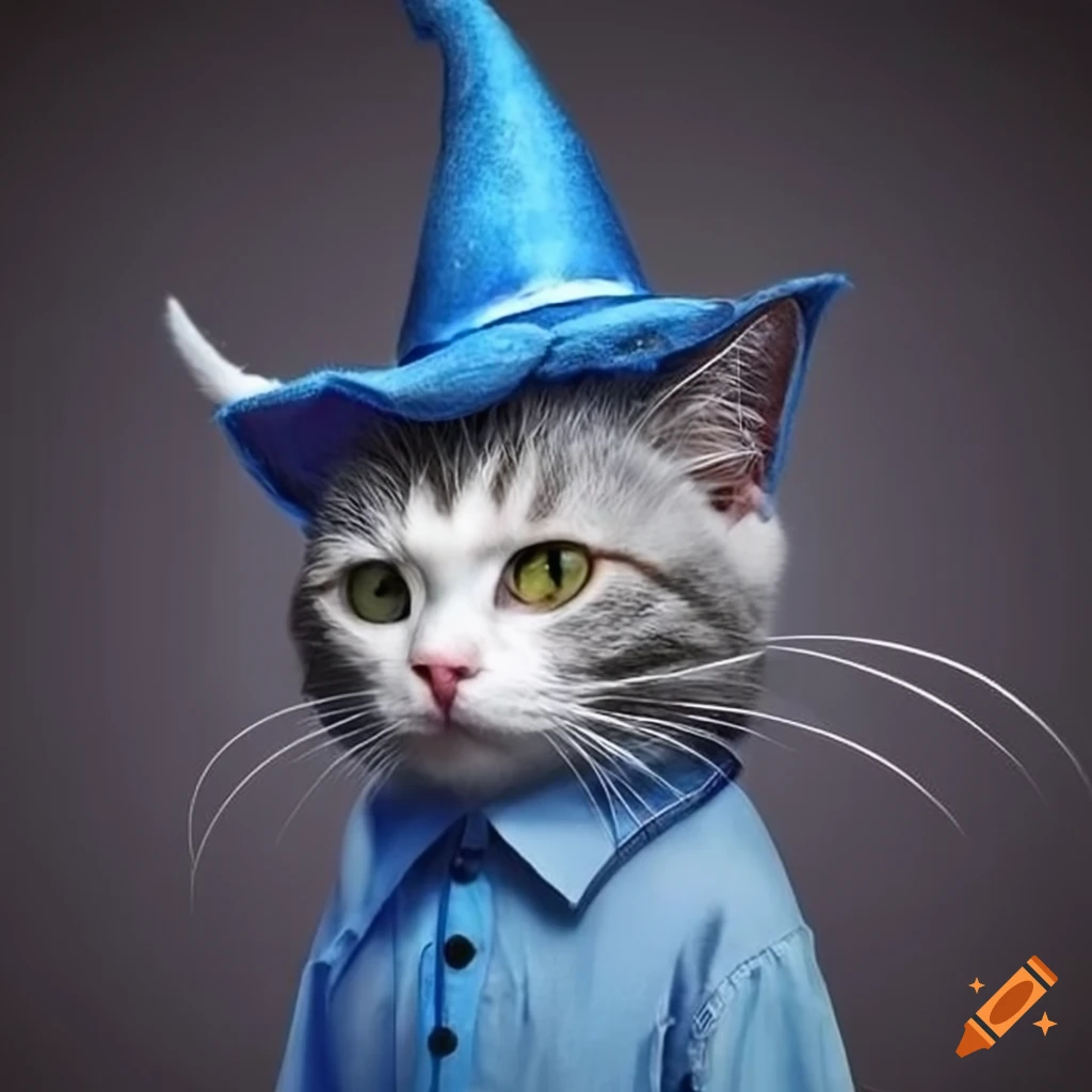 White cat in blue shirt and wizard hat on Craiyon