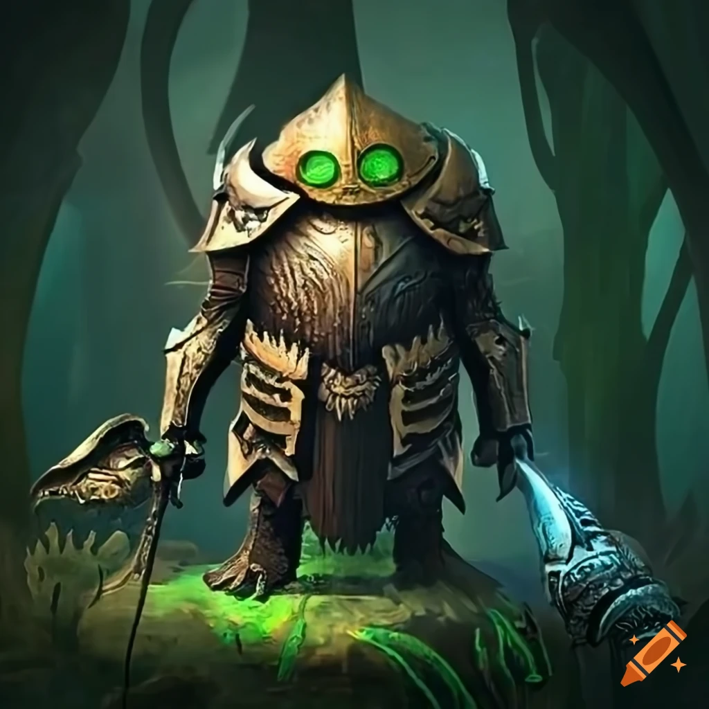 Toad-zealot knight in black armor with beetle wing shield in a swamp ...
