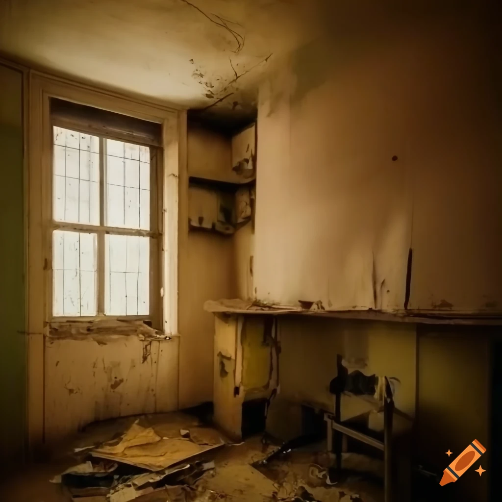 Abandoned flooded storage room with built-in cabinets and peeling ...