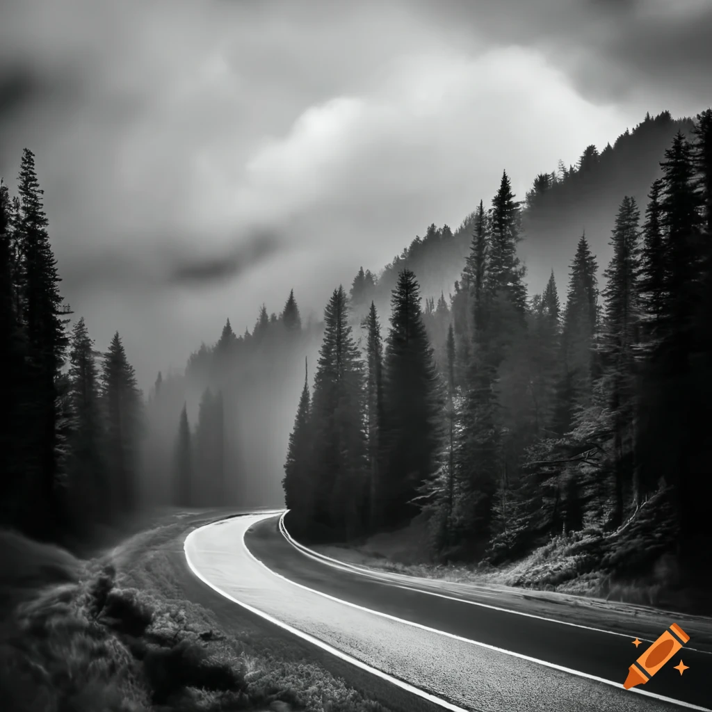 Winding road through the Smoky Mountains under fluffy clouds and ominous sky in black and white ...