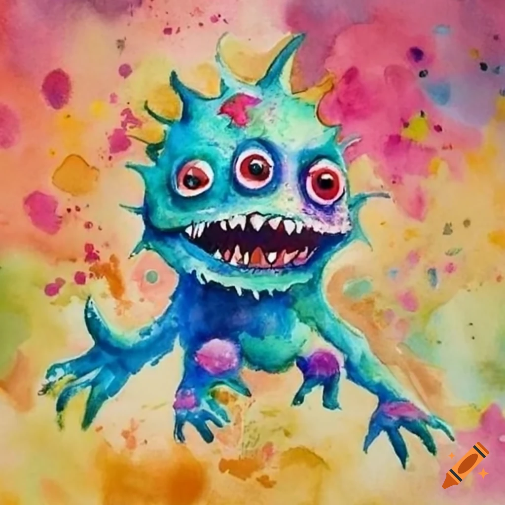 Colorful watercolor monsters artwork on Craiyon