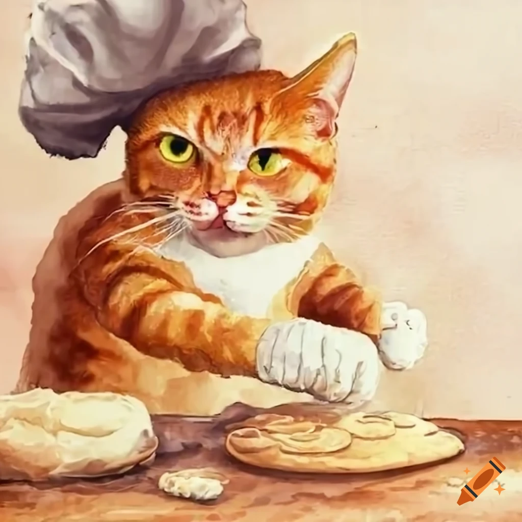 Playful orange cat in chef hat and apron playing with dough in a bakery ...