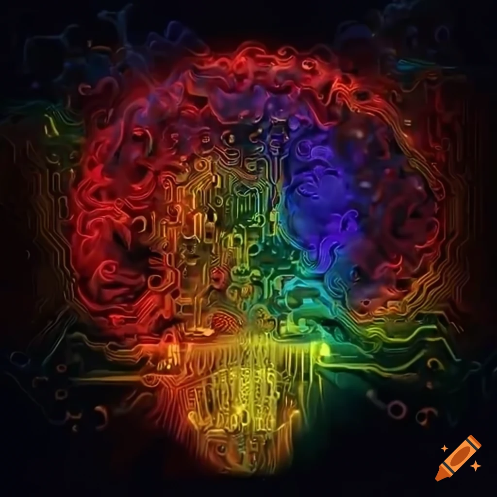 Colorful circuits and interconnected artificial brain nodes lighting up ...