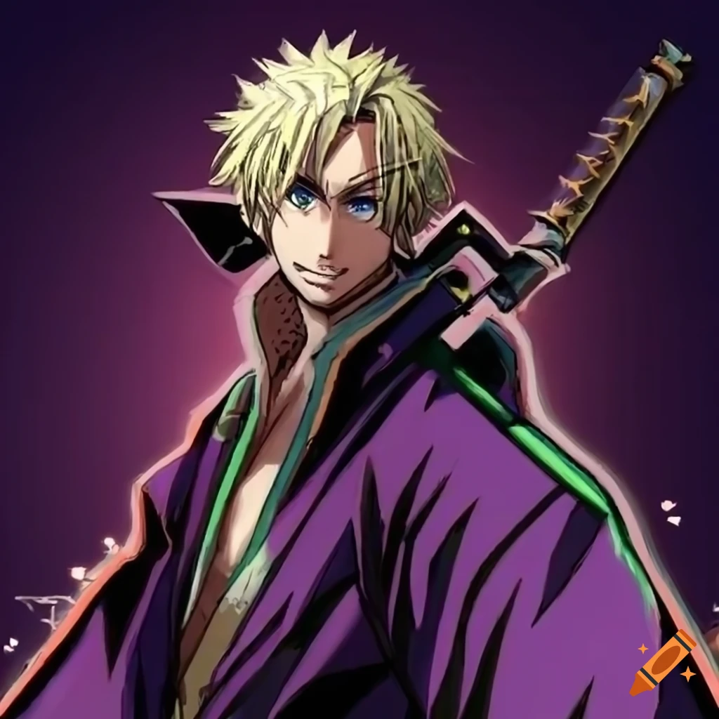 Fierce blue-eyed male Ronin with ninja mask and armor in dynamic action ...