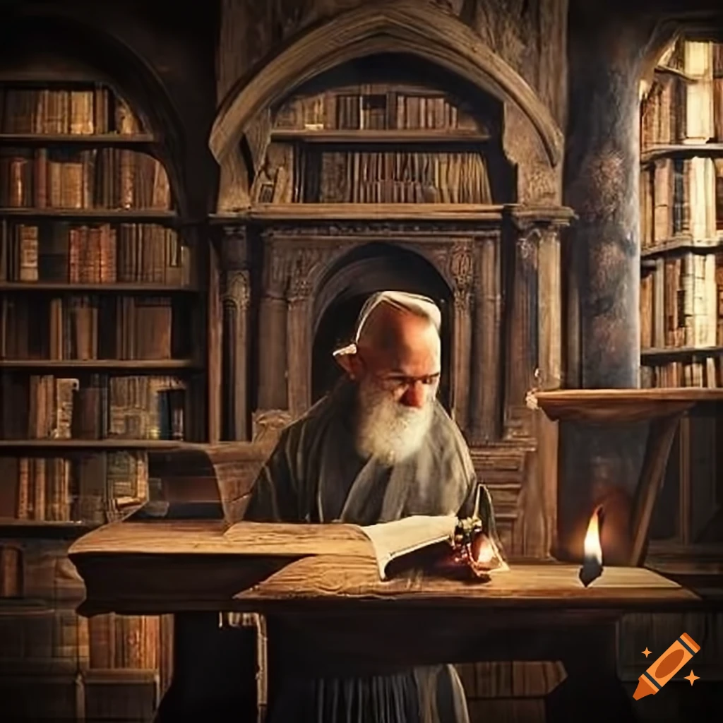 Dimly lit medieval monastery library with old oak bookshelves and a ...