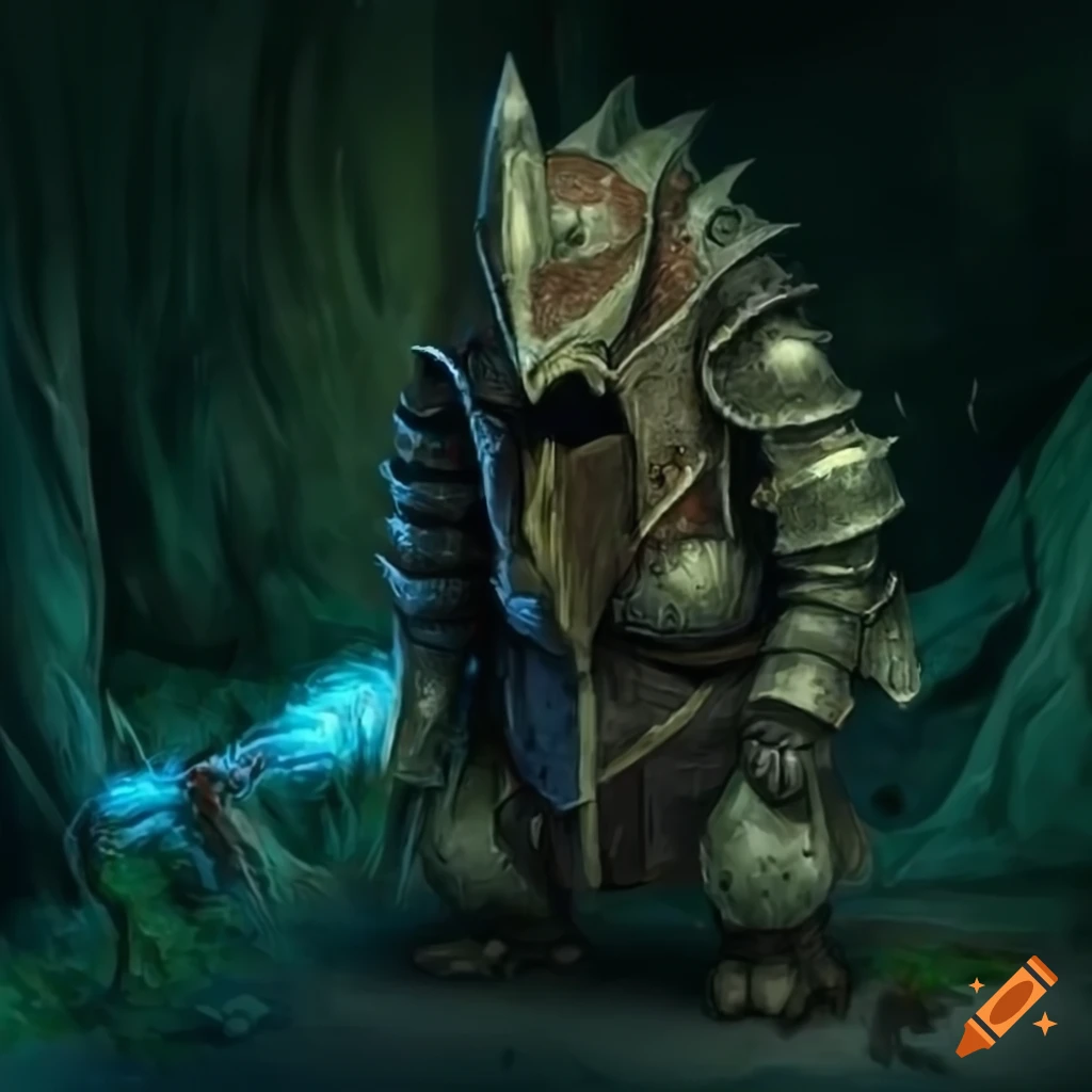 Toad-zealot knight in black armor with shield in a swamp cave on Craiyon
