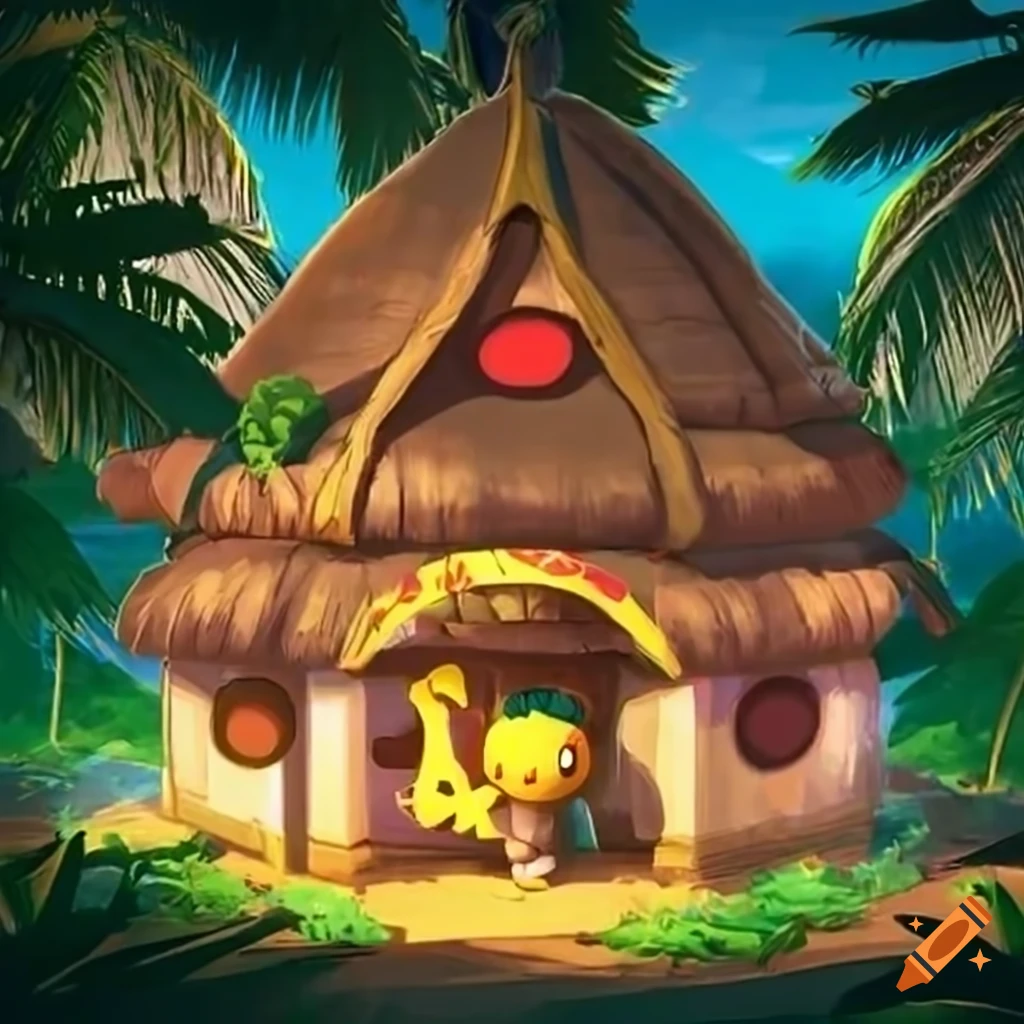 Tropical hut with pok\u00e9mon characters playing on Craiyon