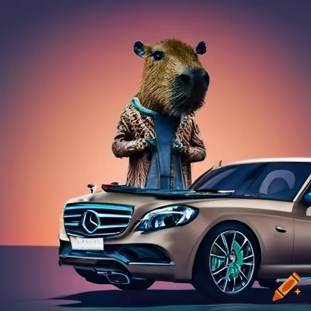 Capybara with a necklace in front of a Mercedes car on Craiyon
