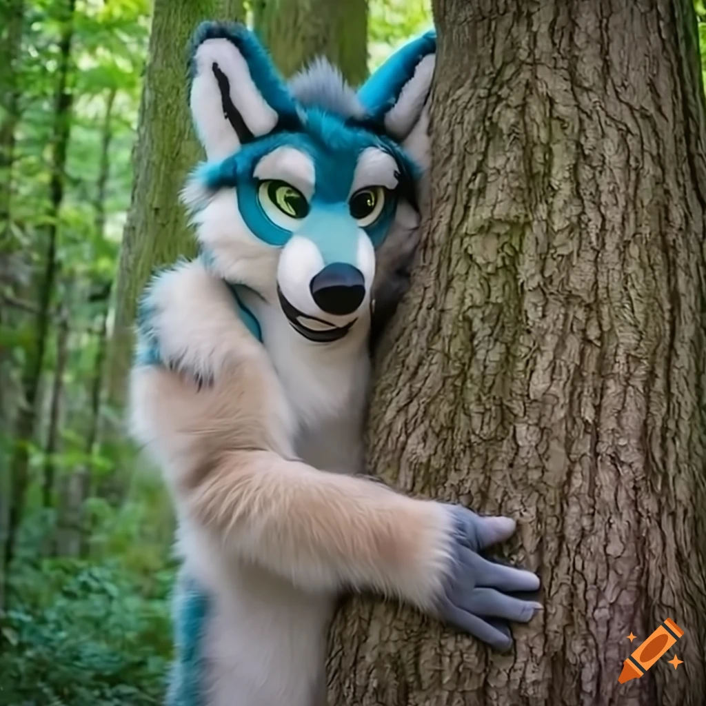 Man in wolf fursuit hugging a tree in the woods on Craiyon