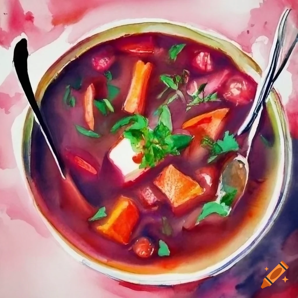 Russian borscht (beet soup) watercolor painting on Craiyon