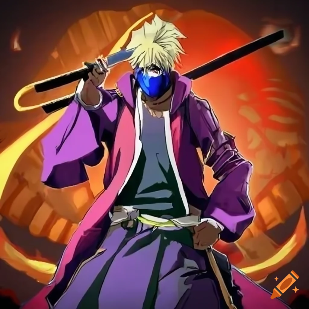 Fierce blue-eyed male Ronin with ninja mask and armor in dynamic action ...