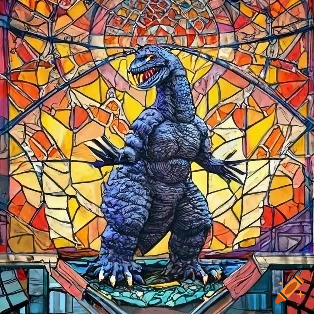 Stained glass depiction of Godzilla with intricate details on Craiyon