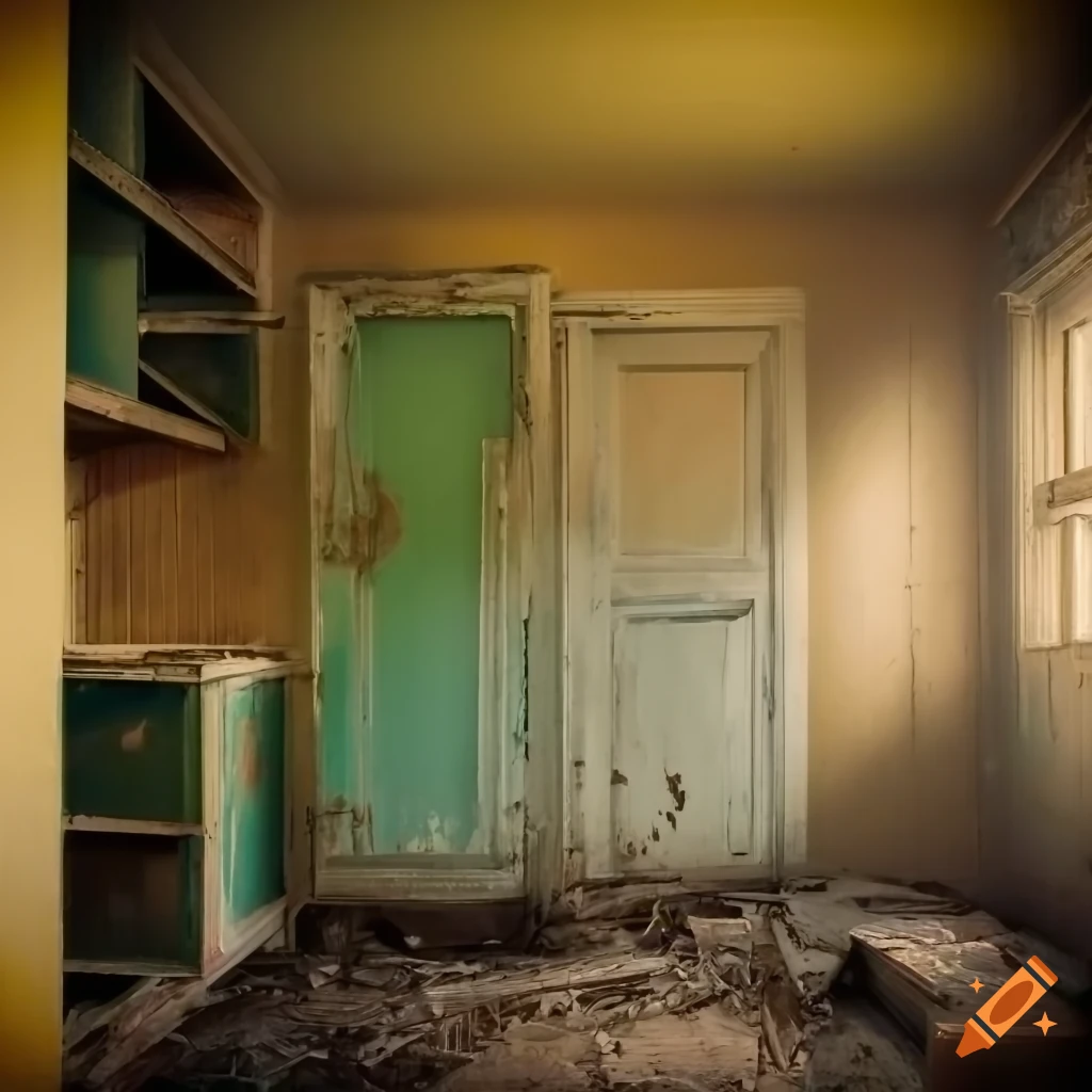 Abandoned flooded storage room with built-in cabinets and shelves on ...
