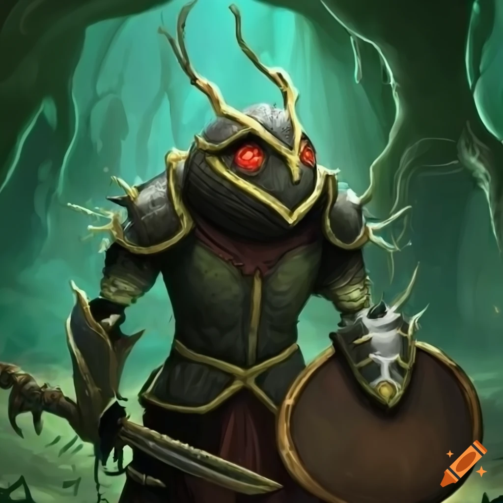 Toad-zealot knight in black armor with beetle wing shield in a swamp ...