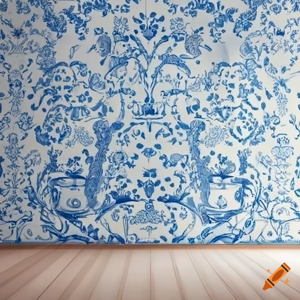 Empty room with white ceramic walls decorated with blue willow pattern ...
