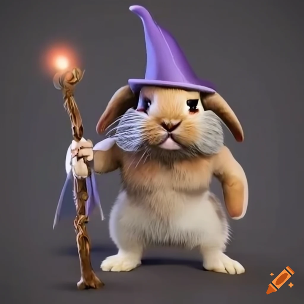 Holland lop bunny dressed as a bodybuilder with wizard hat and staff on ...