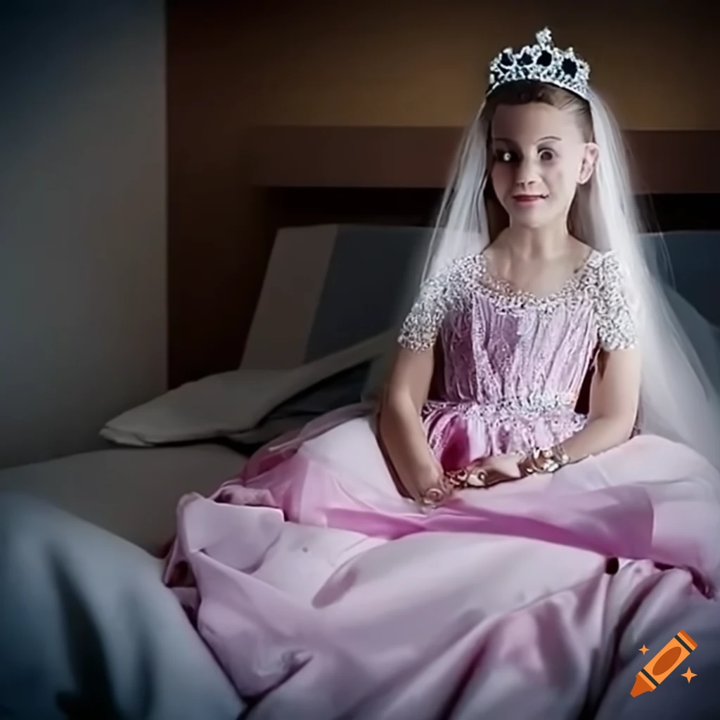 Young princess in a hospital bed wearing a beautiful dress and tiara on ...