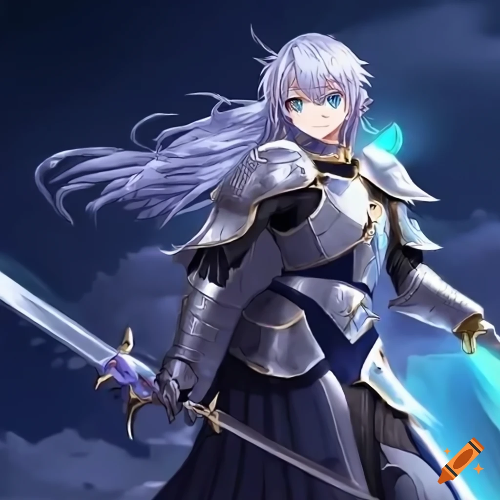 Anime knight in winged celestial armor wielding an angelic greatsword ...