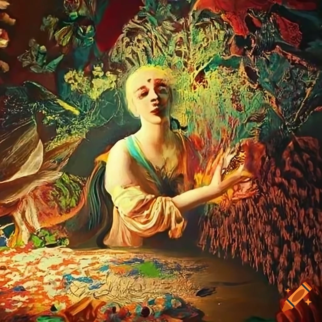 High-resolution color lithograph of an artist-magician painting ...