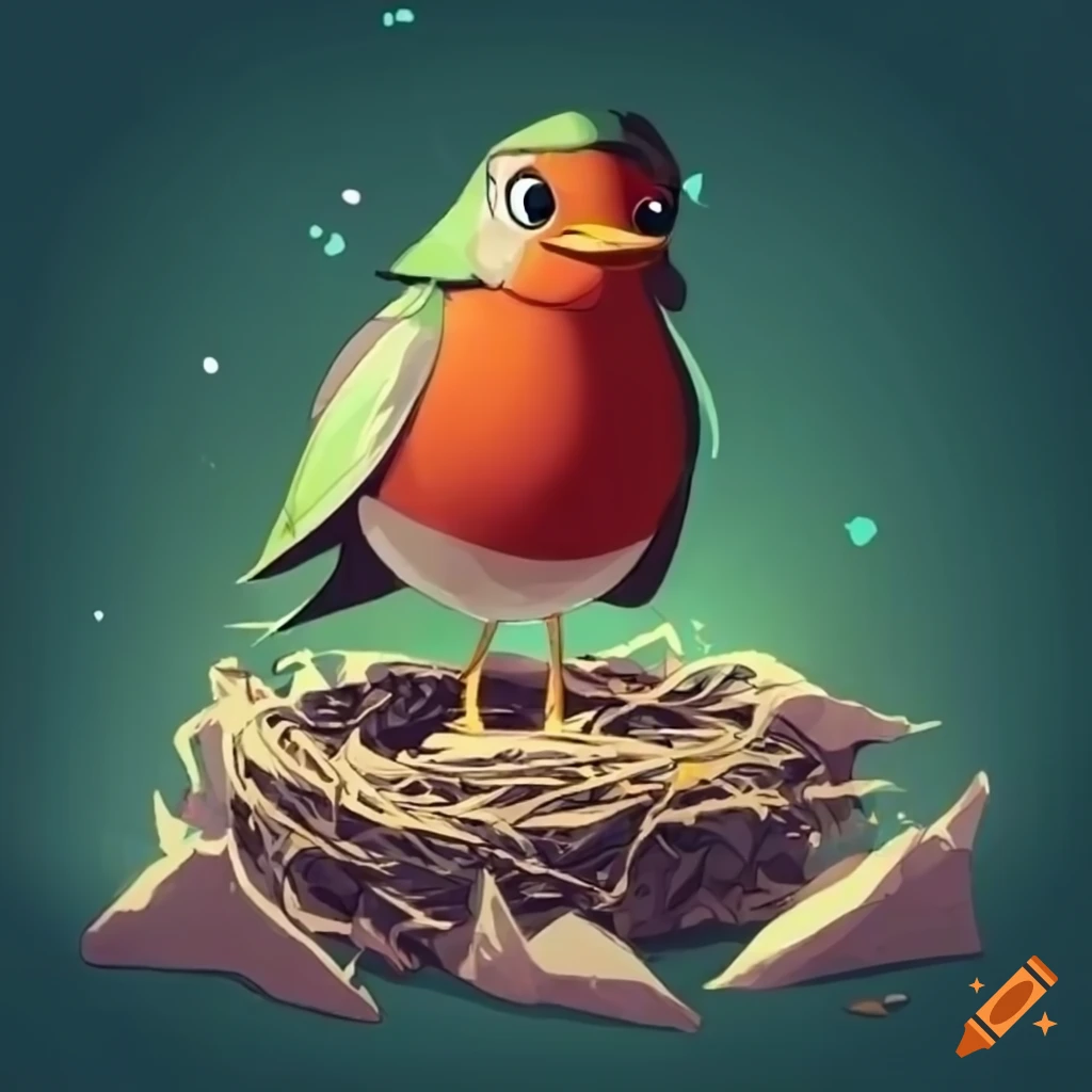 Cartoon robin on messy nest of crumpled paper on Craiyon
