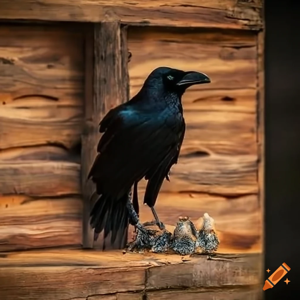 Graceful raven and chicks on a country house loggia on Craiyon