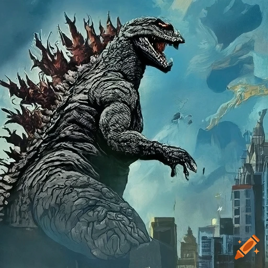 Detailed fantasy depiction of godzilla on a graphic novel poster by ...