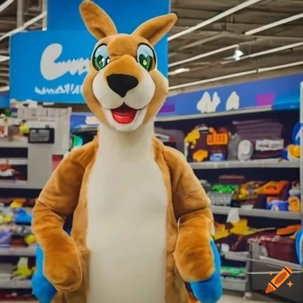 Male employee in kangaroo mascot costume at Walmart on Craiyon