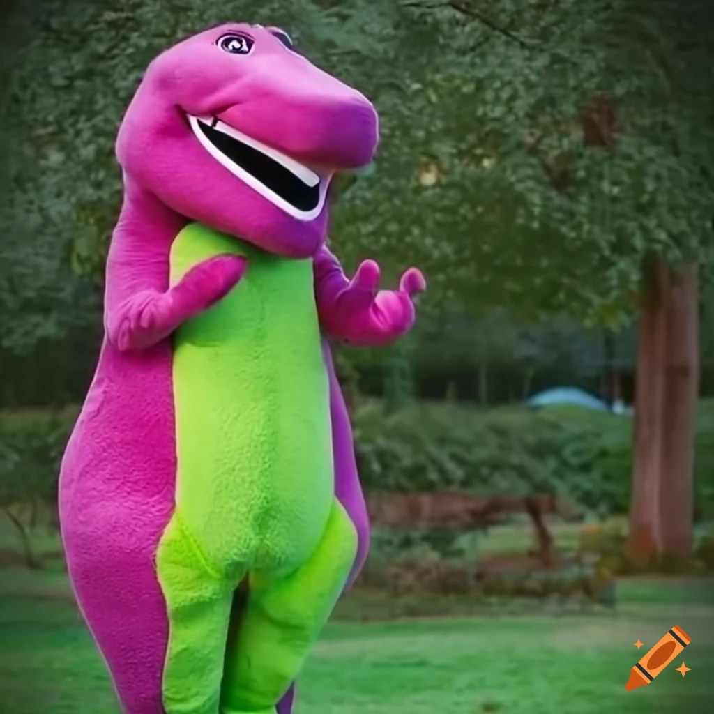 Mother wearing a full body barney mascot costume at park on Craiyon