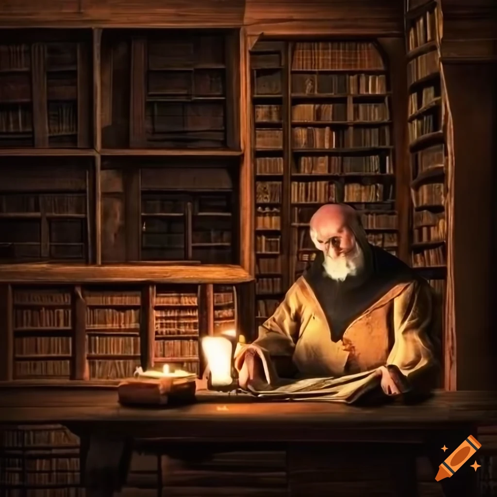 Dimly lit medieval monastery library with old oak bookshelves and a ...