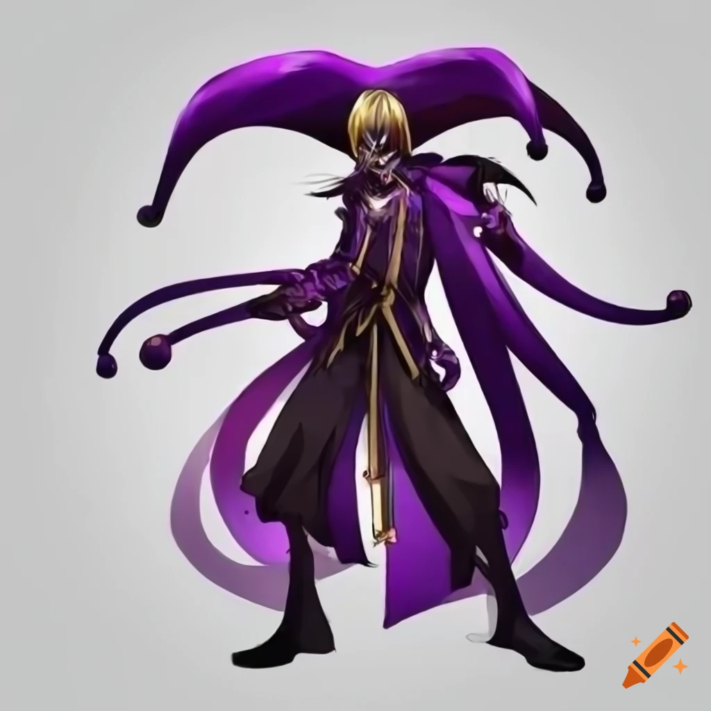 Anime character in purple and gold as a dark jester with a long hat on ...