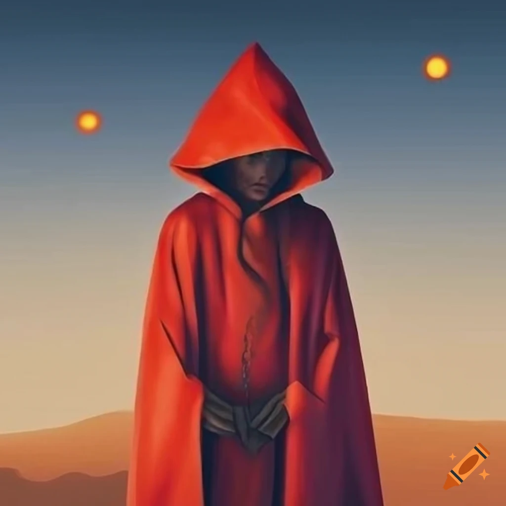 Rosicrucian priest in red hooded cloak standing in a desert with epic ...
