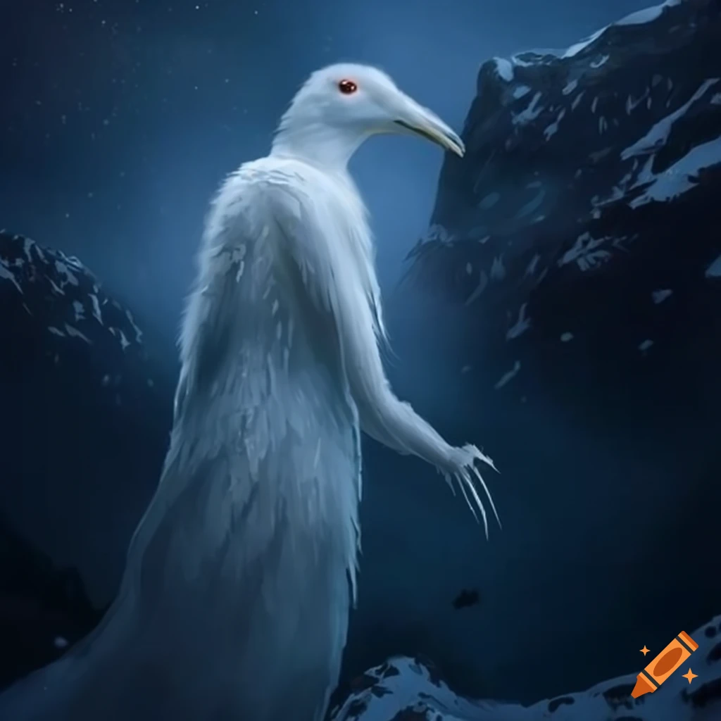 White bird humanoid in snowy mountains at night in a fantasy setting on ...