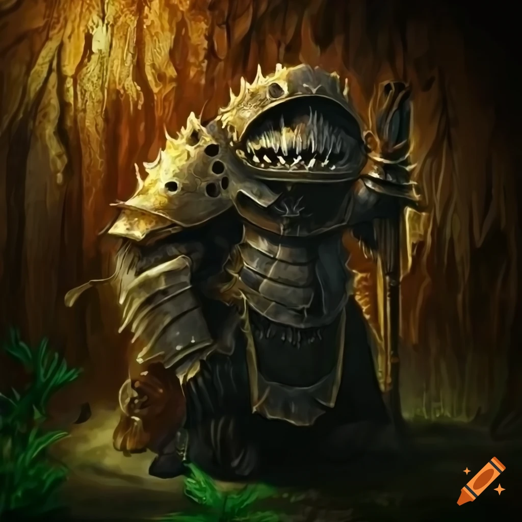 Toad death knight in black armor with shield in a swamp cave on Craiyon