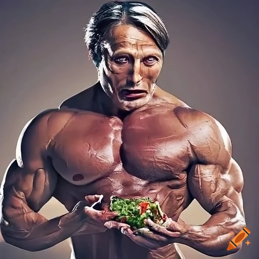 Mads mikkelsen bodybuilder eating a salad on Craiyon