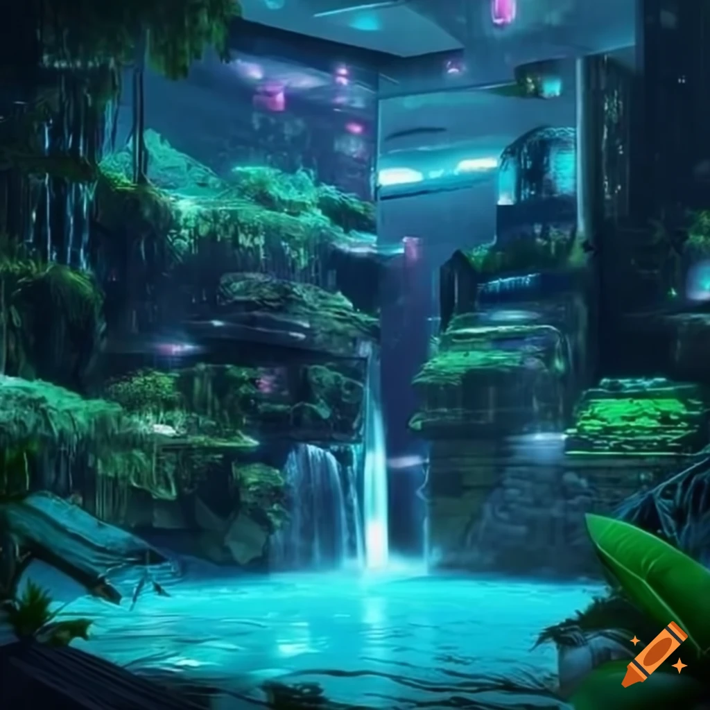 Futuristic cozy cyber bedroom with plants and a waterfall overlooking a ...