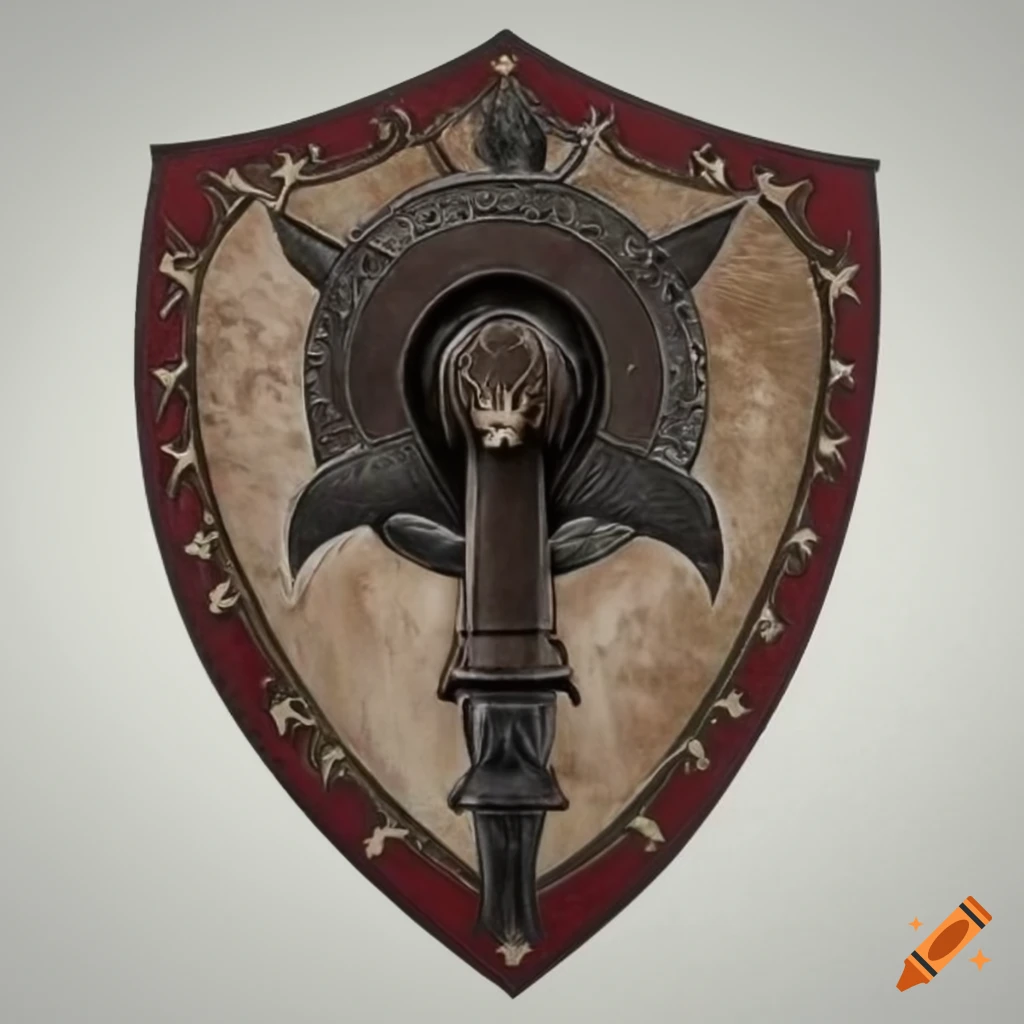 Guild crest with mace and shield in a templar theme on Craiyon