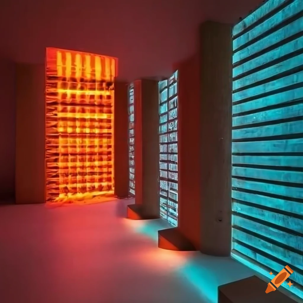 Interior of a spa made of glass blocks with orange neon lighting on Craiyon