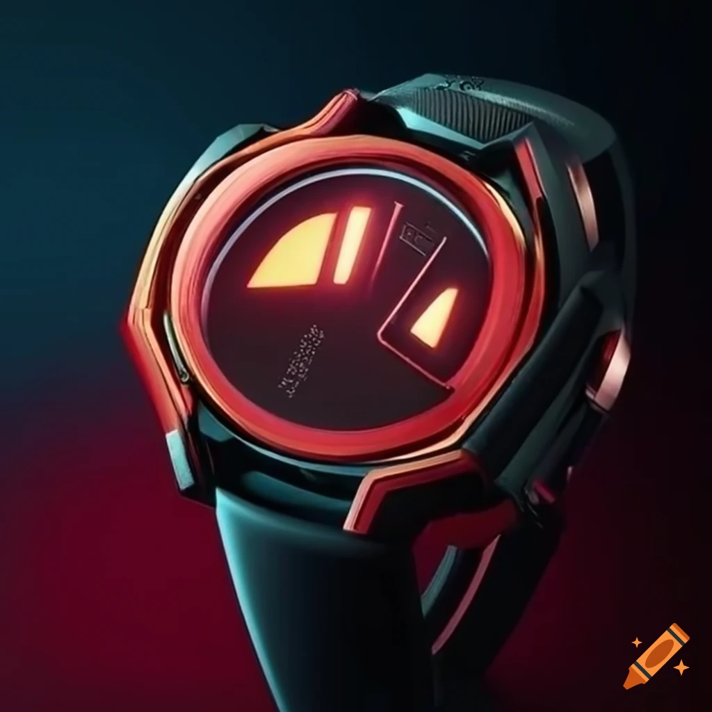 Futuristic cyberpunk-inspired red and gold accented sci-fi watch on Craiyon