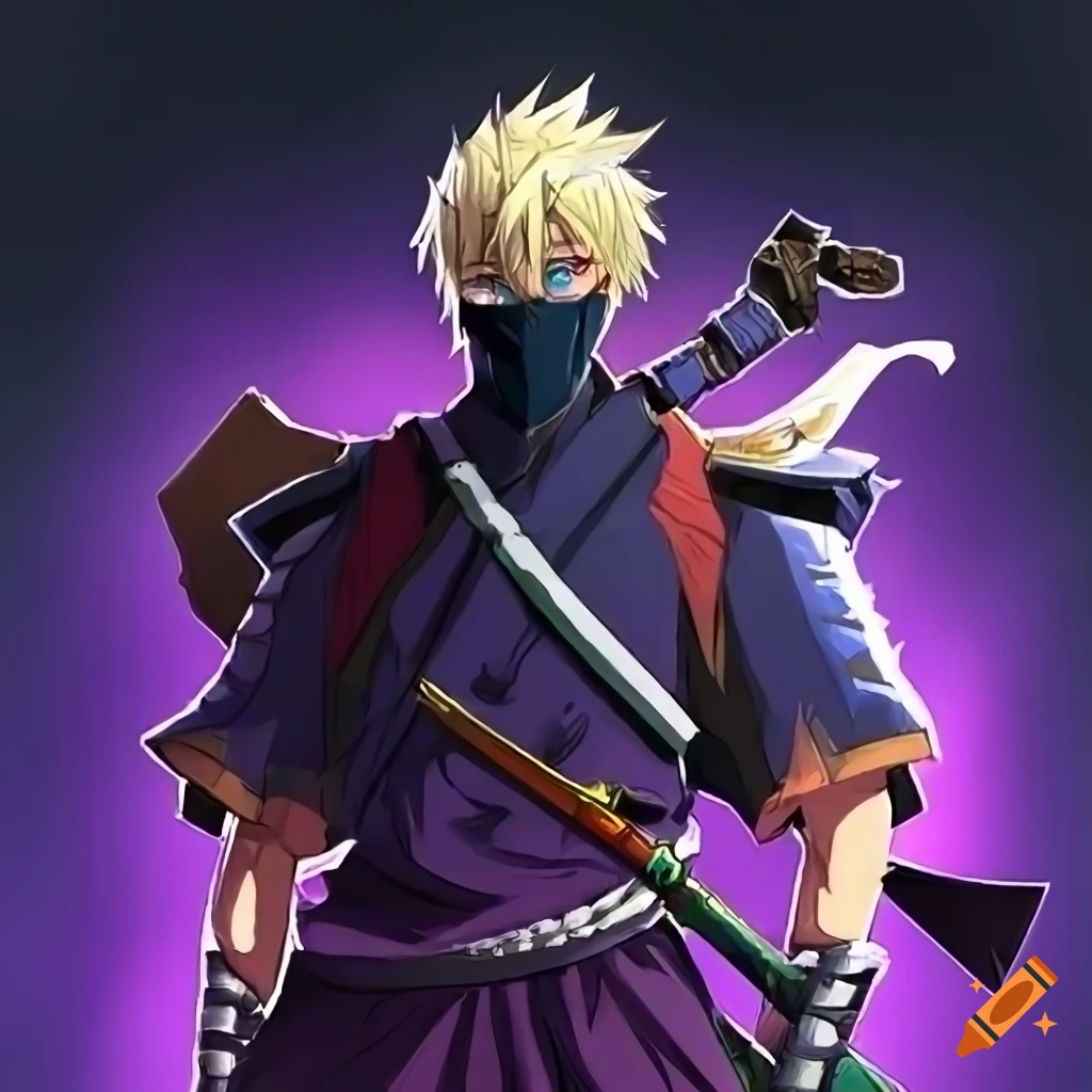 Portrait of a fierce blue-eyed male ronin in purple and grey armor with ...