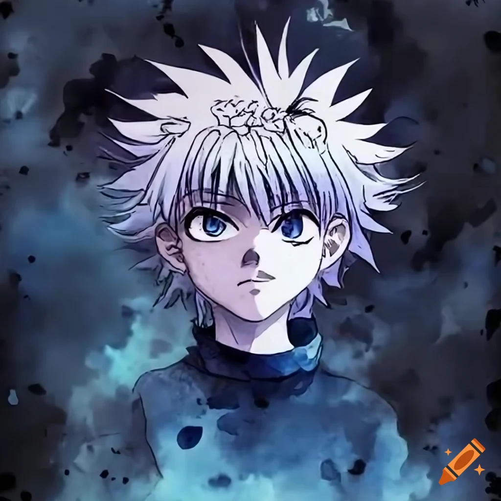 Killua zoldyck practicing nen with glowing blue aura on Craiyon