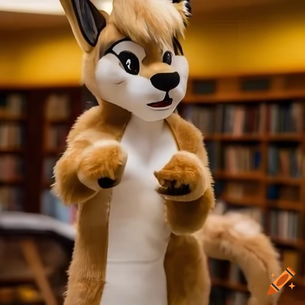 Female librarian in kangaroo anthropomorphic costume at the library on ...