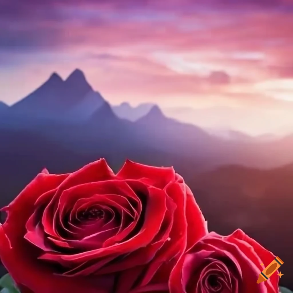 Romantic red roses with peaceful mountain panorama on Craiyon