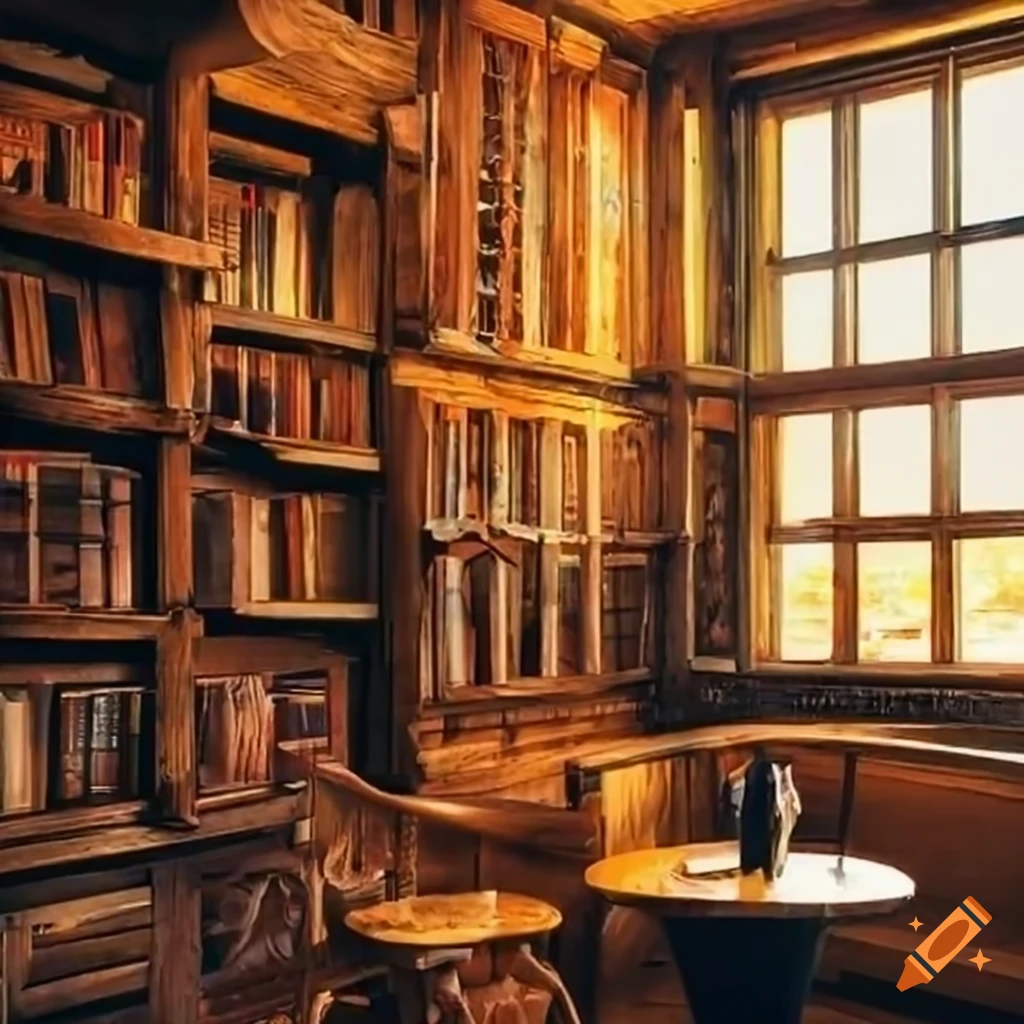 Cozy library with coffee shop, fireplace, and mountain scenery through ...