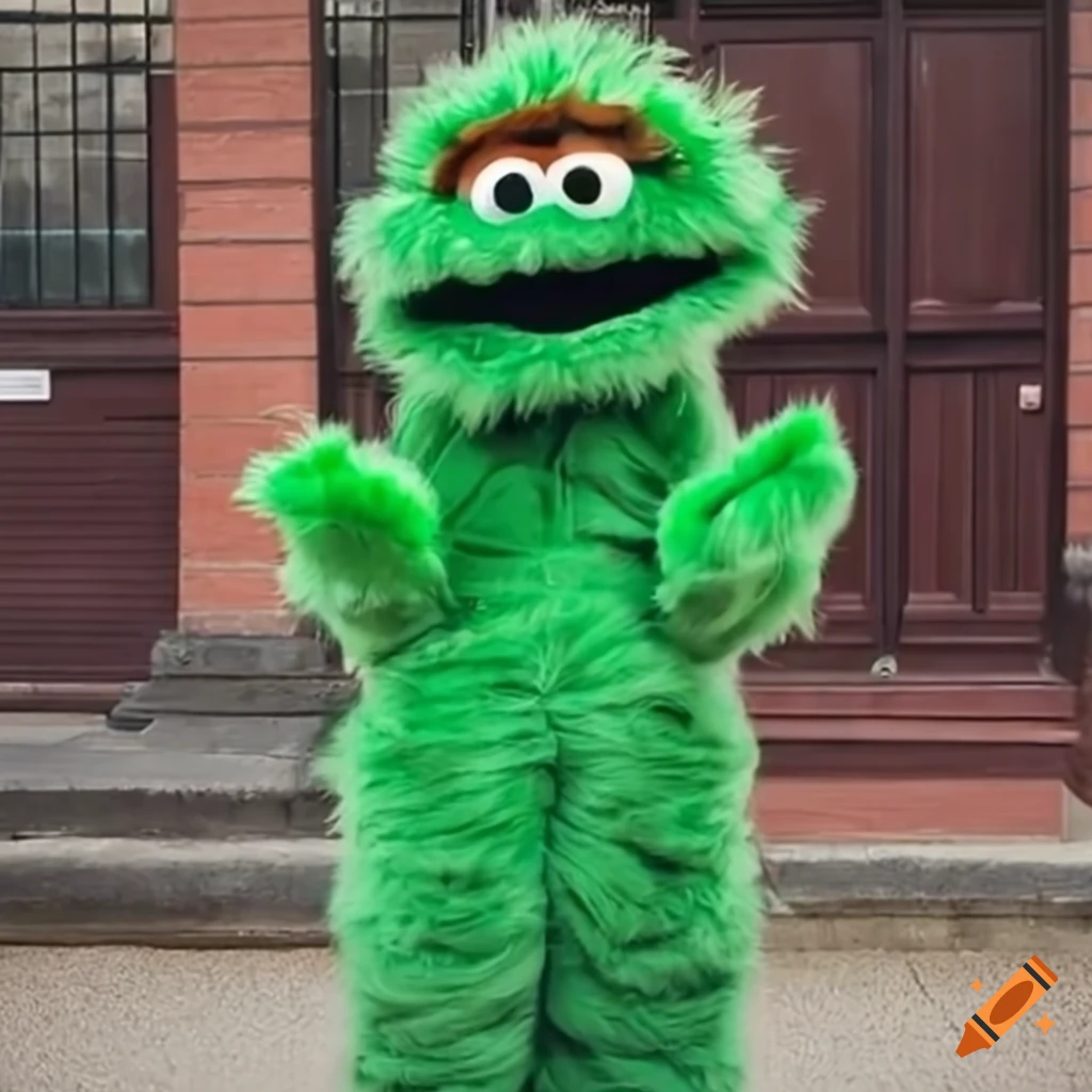 Teacher in an Oscar the Grouch green muppet mascot fursuit costume in ...