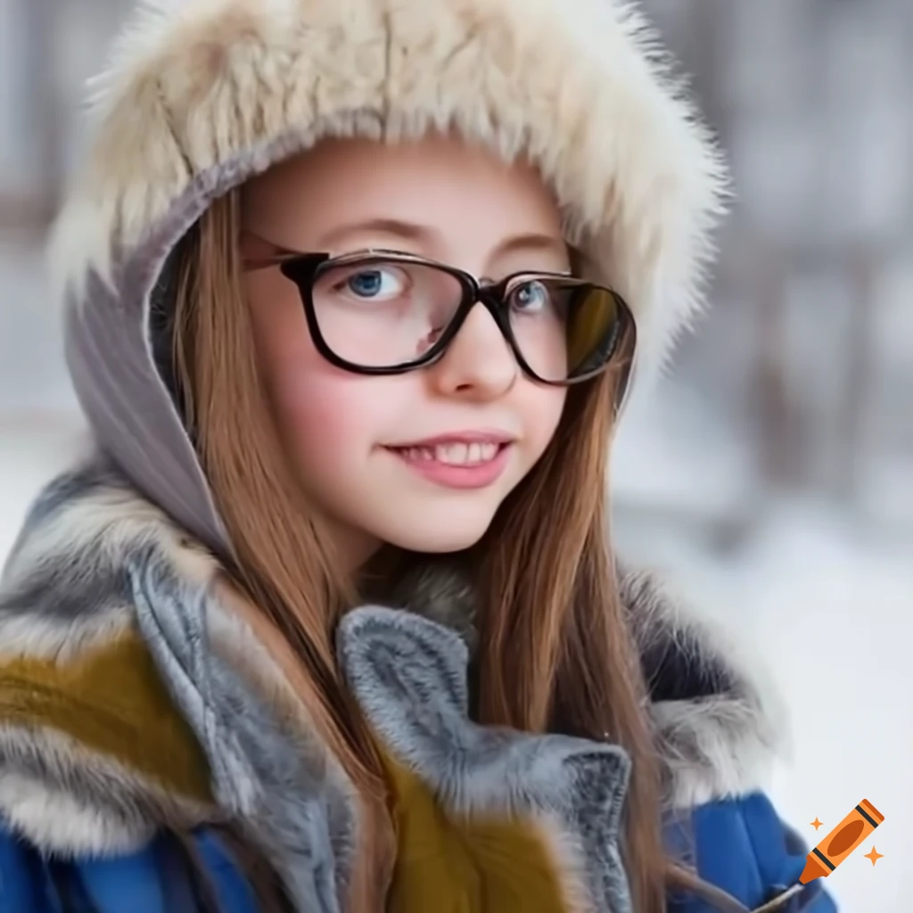Cute girl with glasses wearing a winter jacket on Craiyon