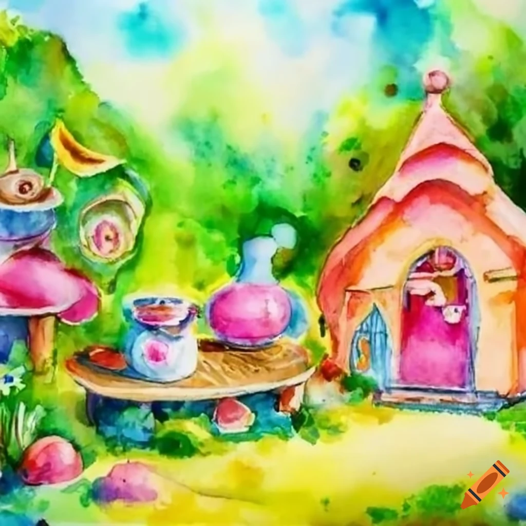 Watercolor illustration of a fairy tale house kitchen on Craiyon
