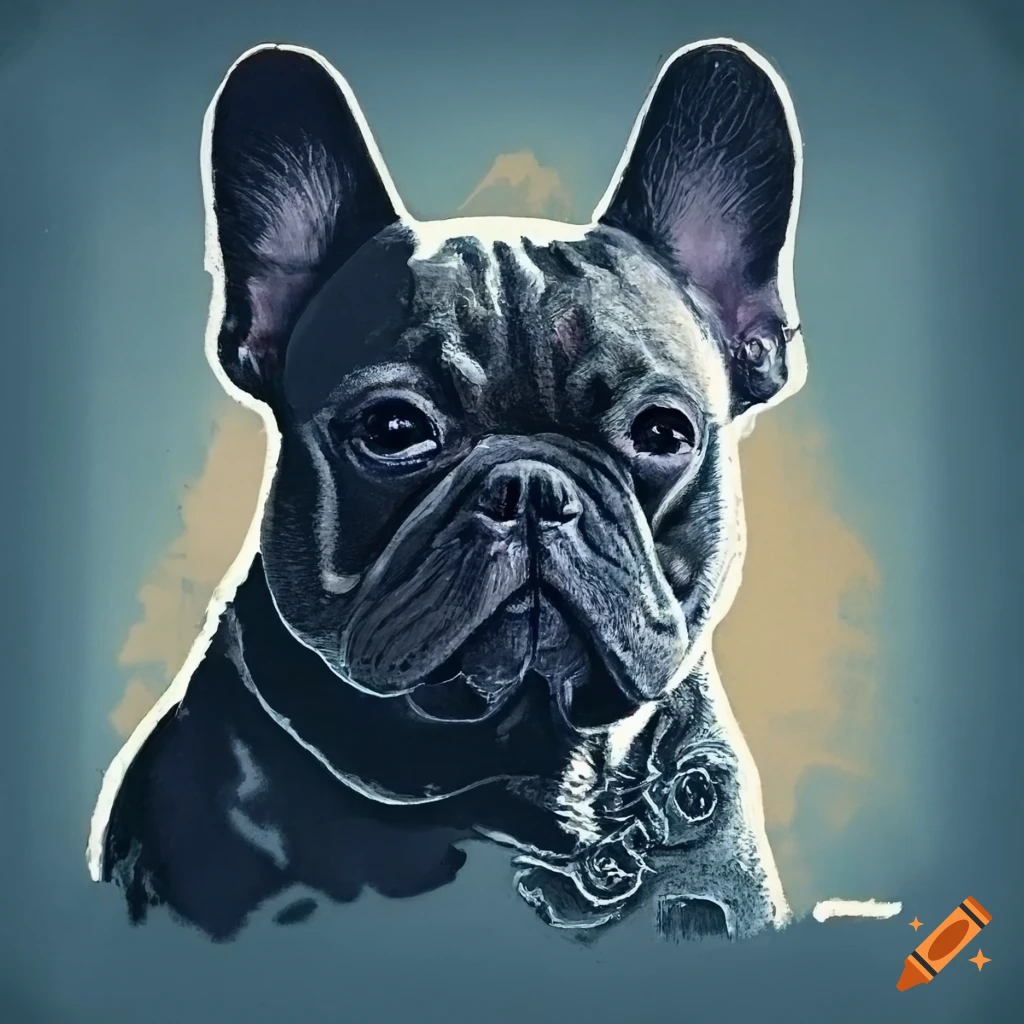 French bulldog in lino print style and collage with aquarel accents on ...