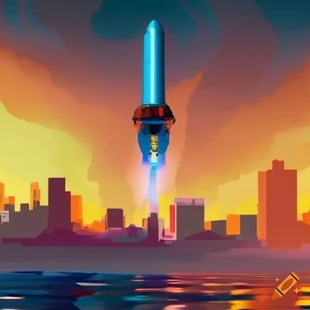 Futuristic spacecraft over industrial landscape of bright colors and ...